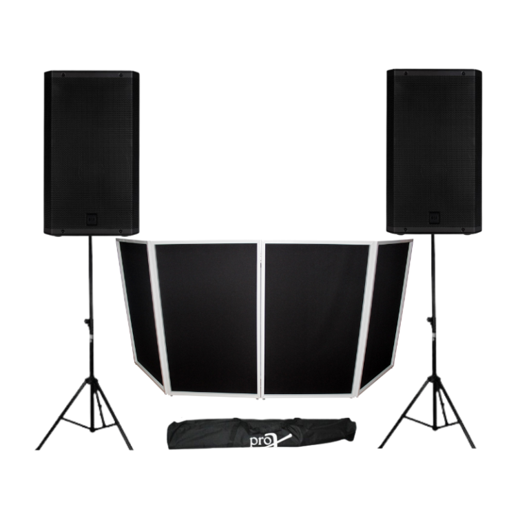 RCF DJ Speakers w/ Adjustable Speaker Stands & DJ Facade - GTR Direct